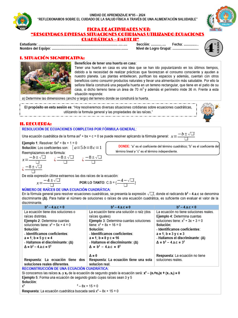 Ficha 7-4to-Ua5-2024 | PDF | Ecuaciones | Ecuación cuadrática