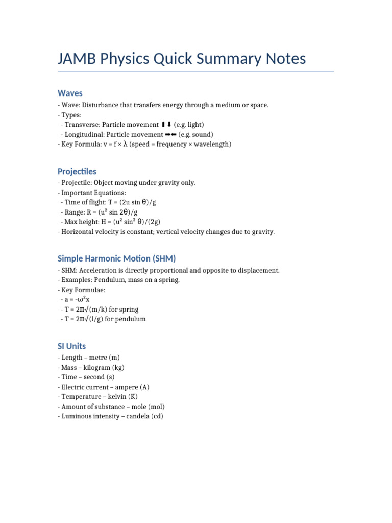 JAMB Physics Summary Notes | PDF