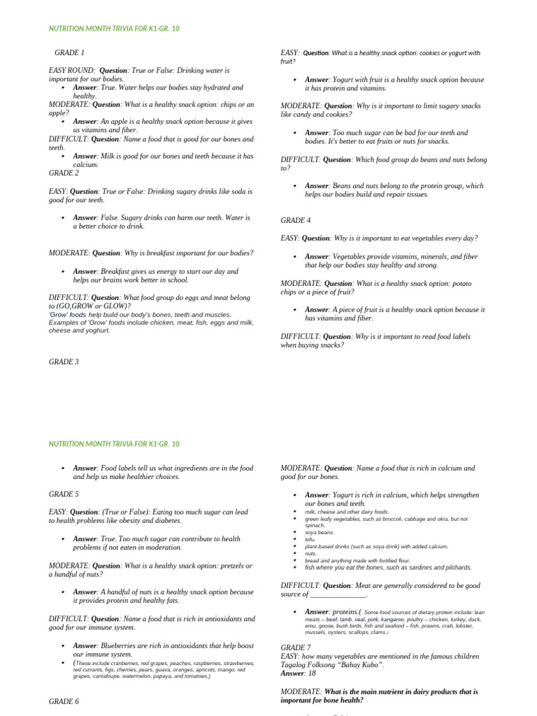 Nutrition Month Trivia for K1-Grade 10 | PDF | Foods | Vegetables