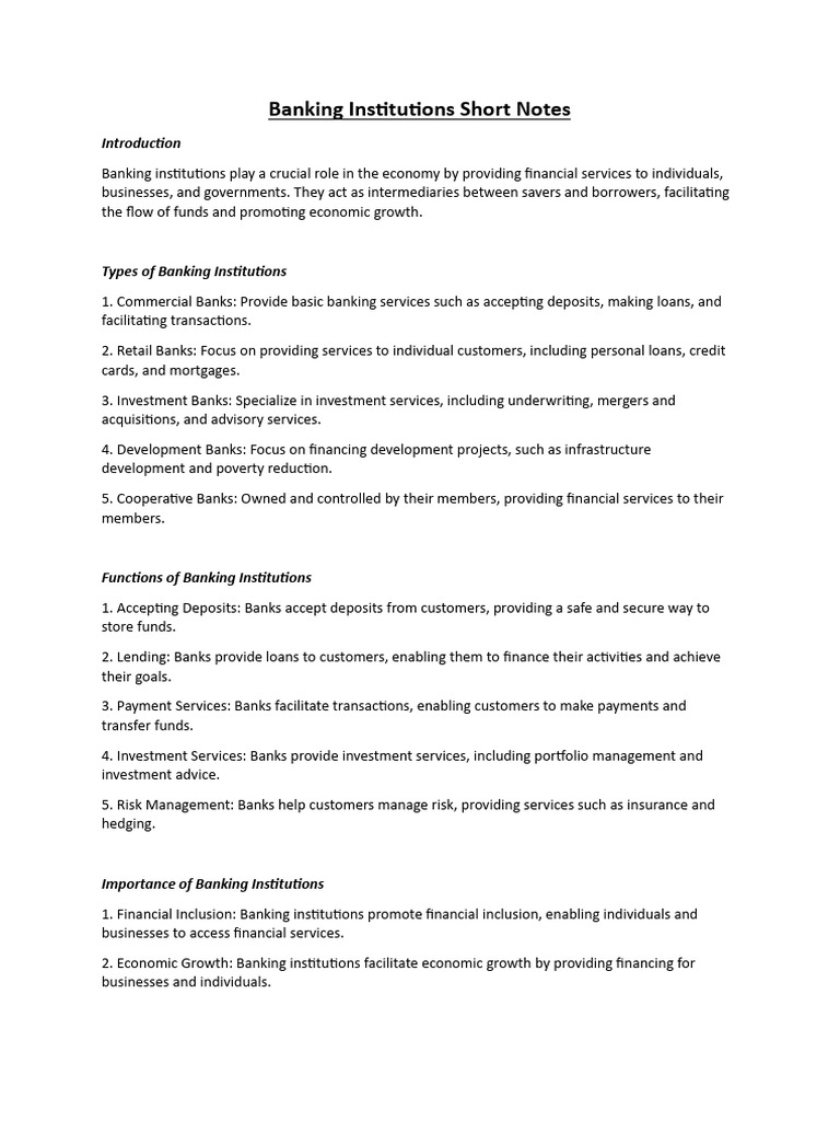 Banking Institutions Short Notes | PDF | Banks | Loans
