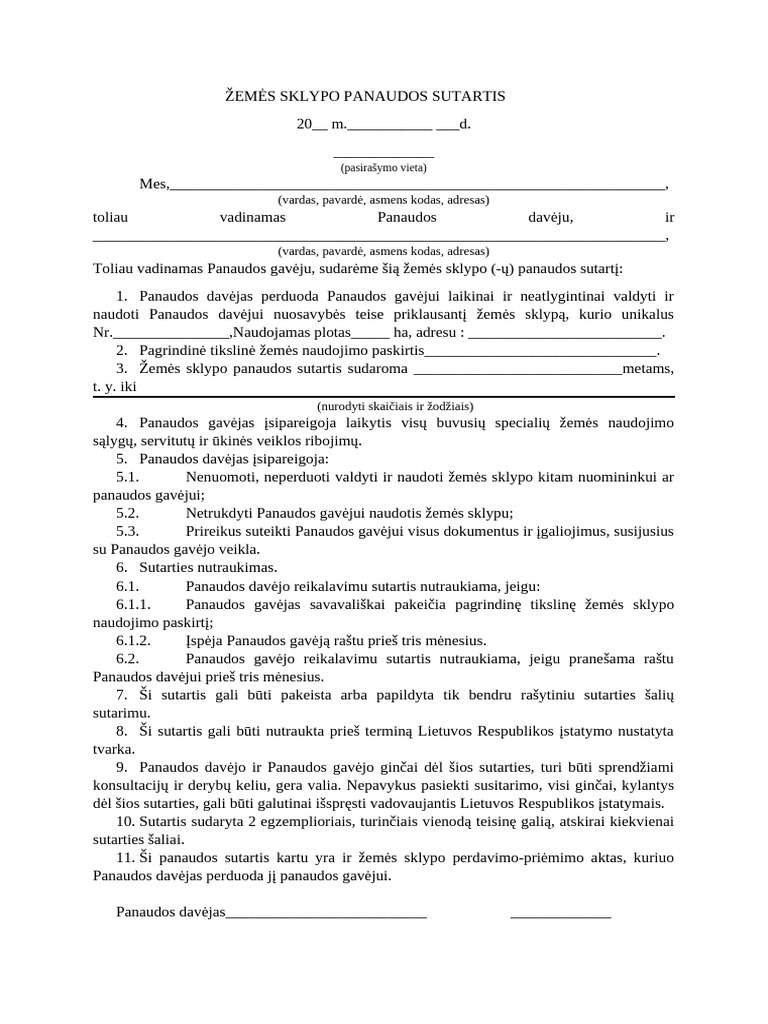 Žemės Sklypo Panaudos Sutartis | PDF