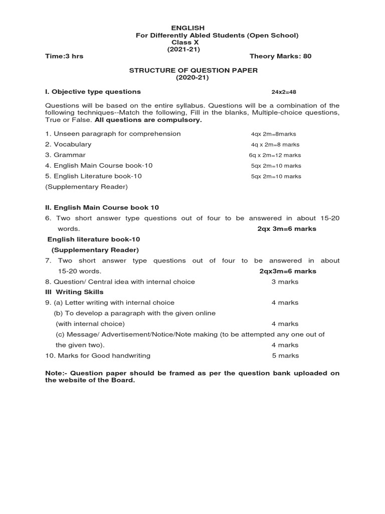Class X English Exam Structure 2021-22 | PDF