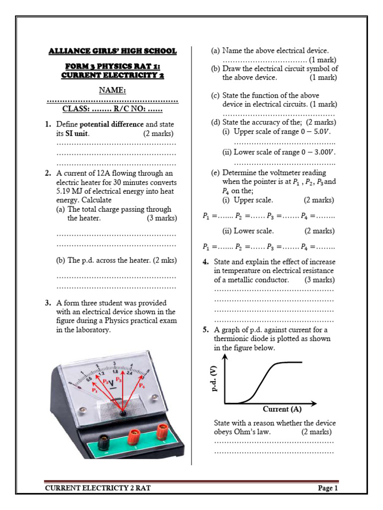 F3 RAT 1 - CURRENT ELECTRICITY 2021 | PDF | Resistor | Electrical Network