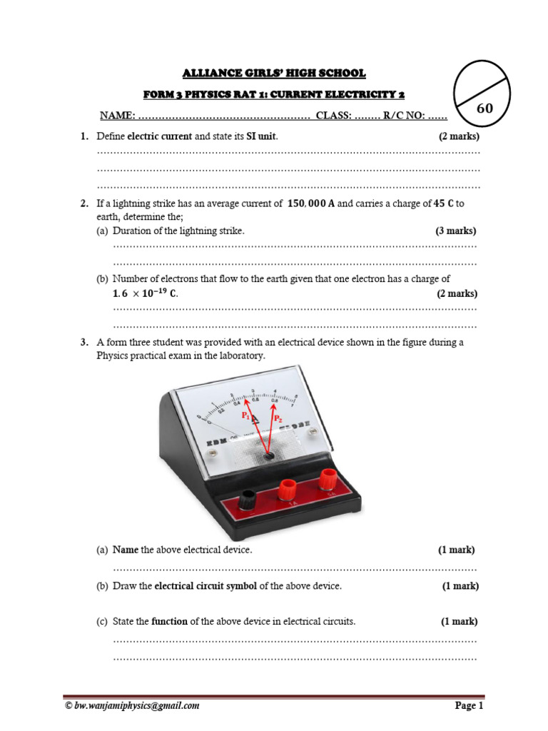 Physics F3 Rat 1-Current Electricity 2020 (Wanjami) | PDF | Electric Current | Electronic ...