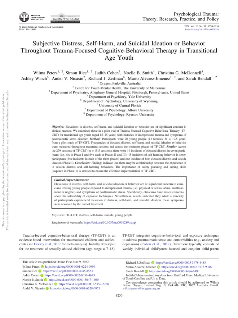 Subjective Distress, Self-Harm, and Suicidal Ideation or Behavior ...