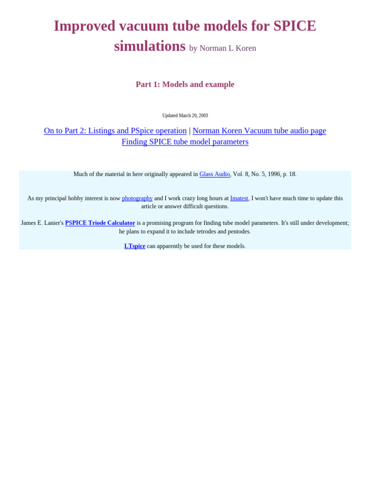 Improved Vacuum Tube Models For SPICE Simulations by Norman L Koren | PDF | Vacuum Tube | Amplifier