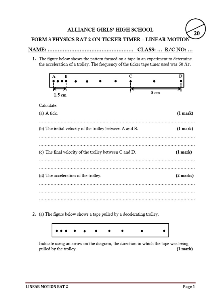 F3 Rat 1 On Ticker Timer - Linear Motion 2022 | PDF | Acceleration ...