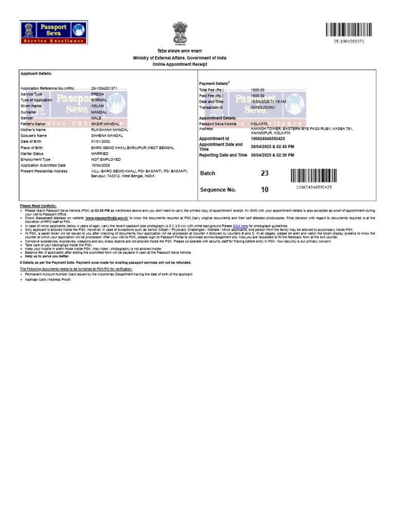 India Passport Appointment Receipt | PDF