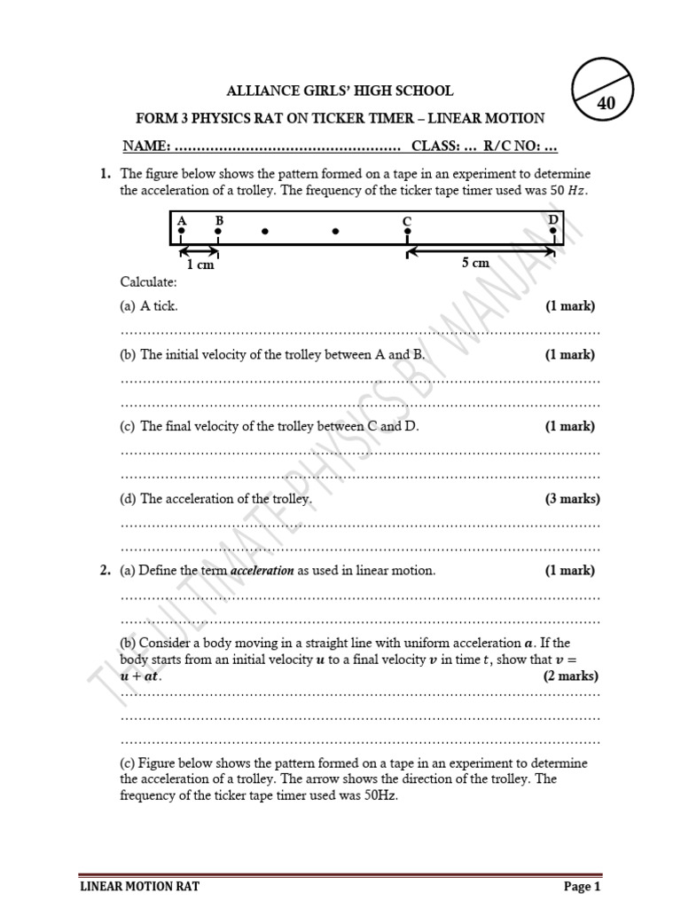 Ticker Timer Calculations for Linear Motion | PDF | Acceleration ...