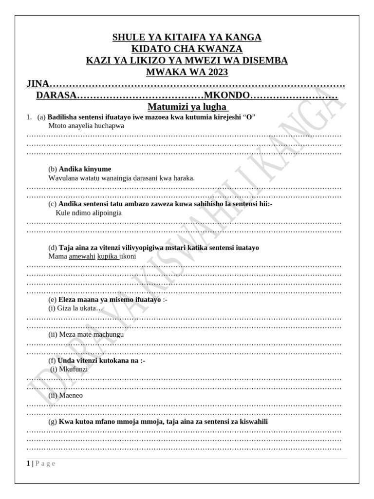 Kazi ya Likizo ya Kiswahili 2023 | PDF