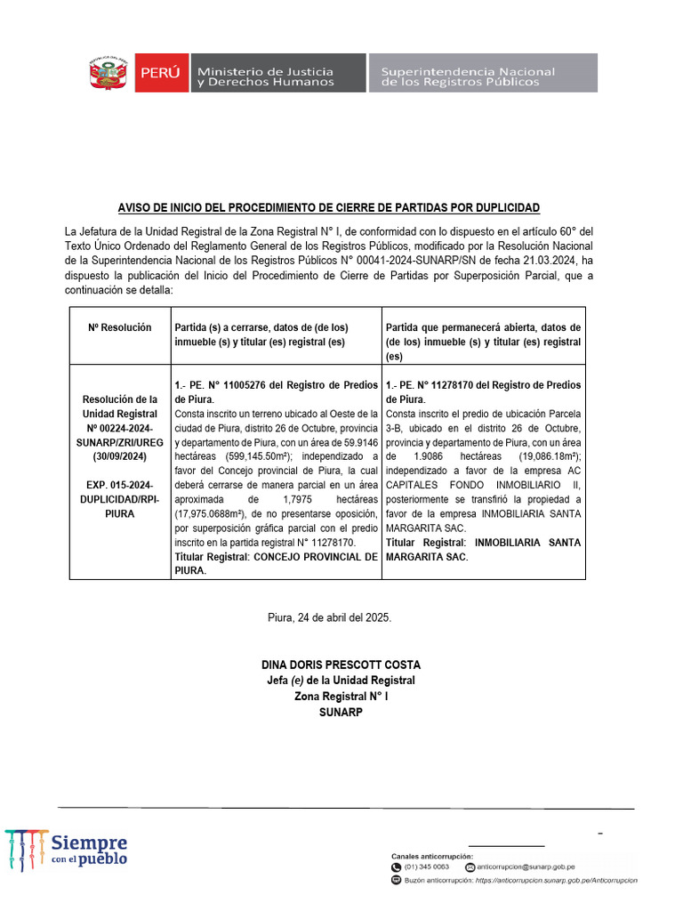 Aviso de Publicacion Exp 015 2024 Sunarp Zri | PDF