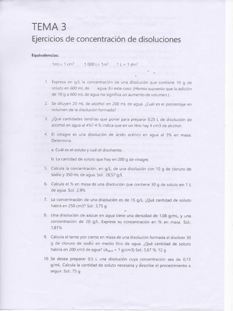 Ejercicios Concentración Disoluciones Tema 3 | PDF