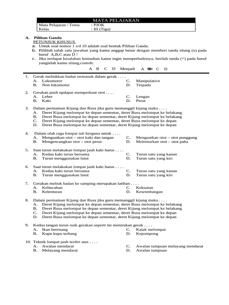 SOAL PJOK KELAS III Semester 1 2024 - 2025 | PDF