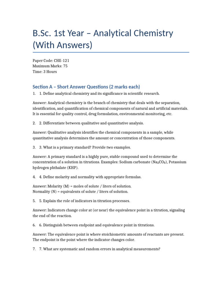 Full Analytical Chemistry BSc1 Question Paper With Answers | PDF ...