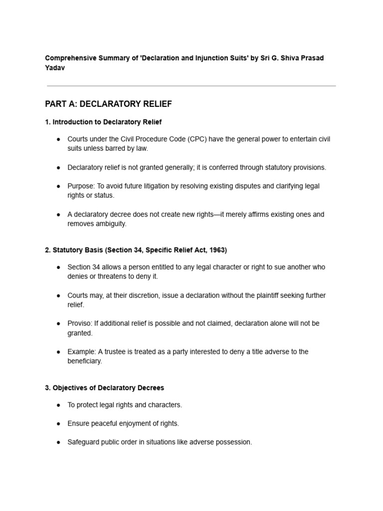 Declarations & Injunctions by Sri G. Shiva - Summary | PDF | Legal Remedy | Injunction