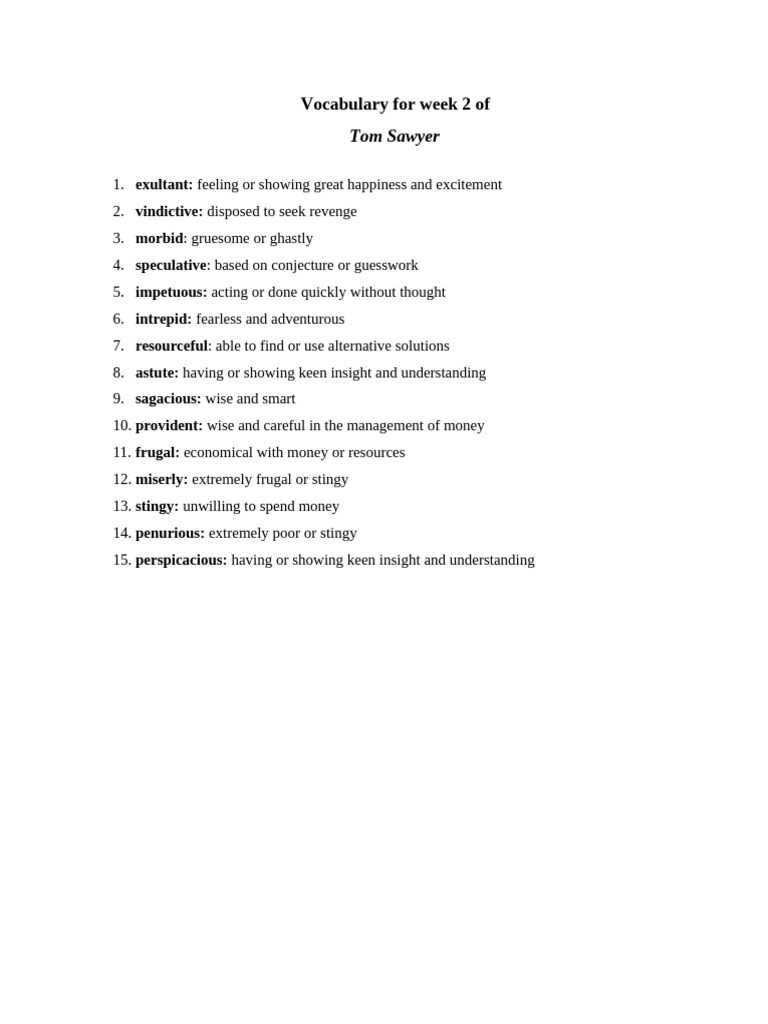 Week 2 Vocabulary for Tom Sawyer | PDF