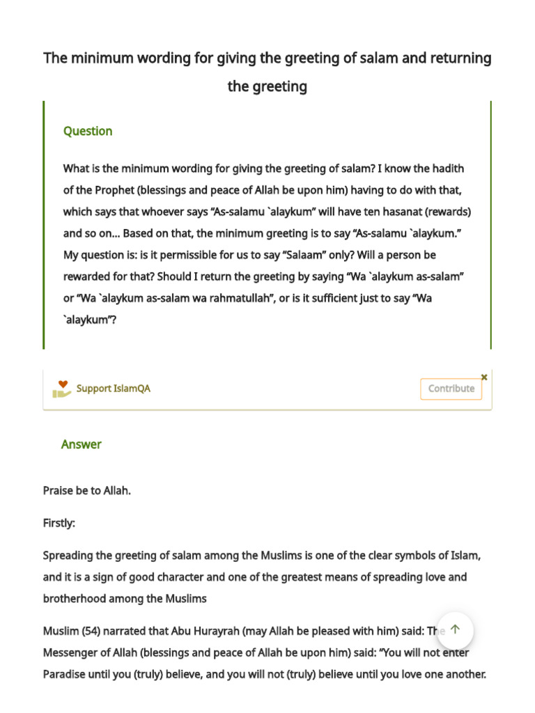 The Minimum Wording For Giving The Greeting of Salam and Returning The ...