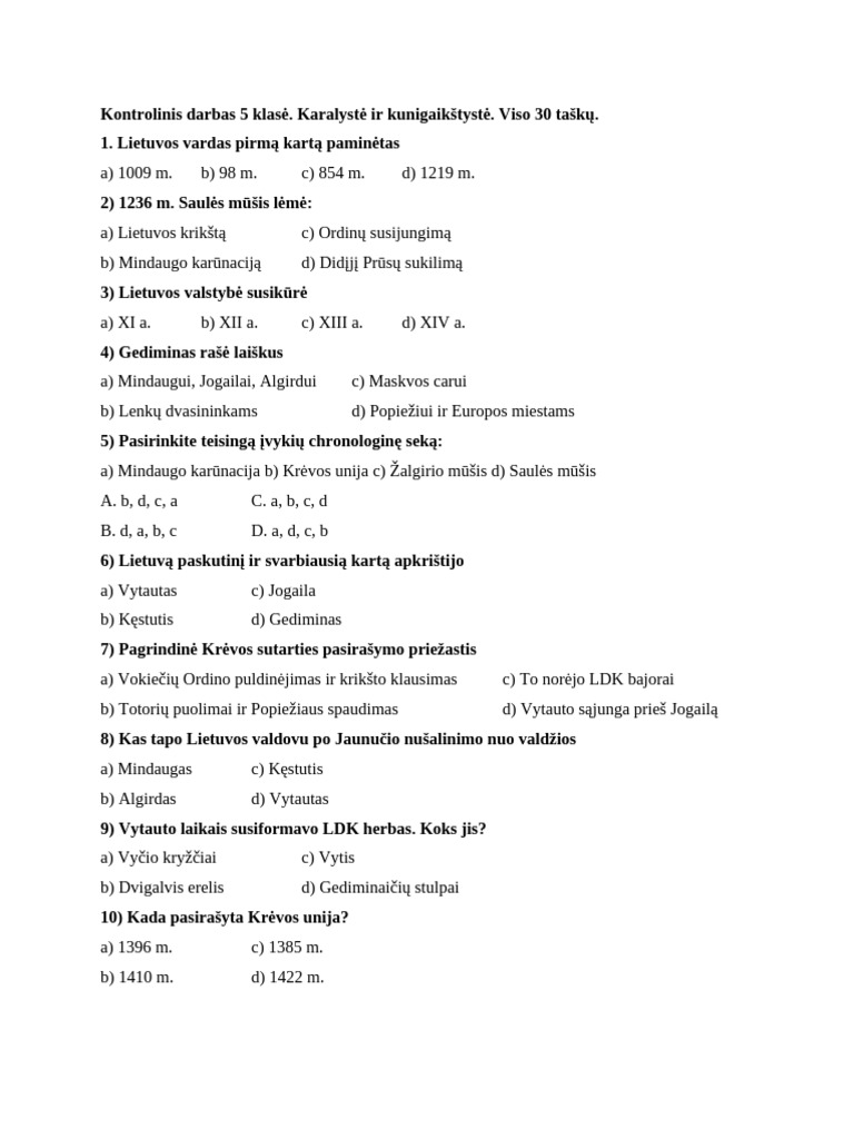 Kontrolinis Darbas 5 Klasė | PDF