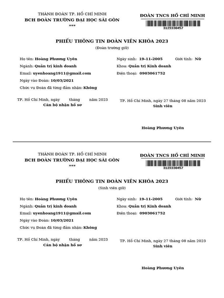 Phieu Thong Tin Doan Vien | PDF