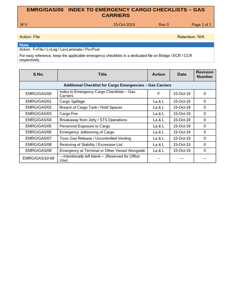 EMRG-GAS-00 Index To Emergency Cargo Checklsit - Gas Carrier | PDF