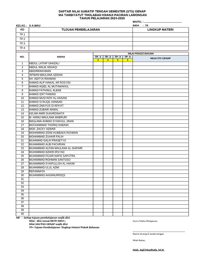 Blanko Nilai Sts X-Xi 2024-2025-1 | PDF
