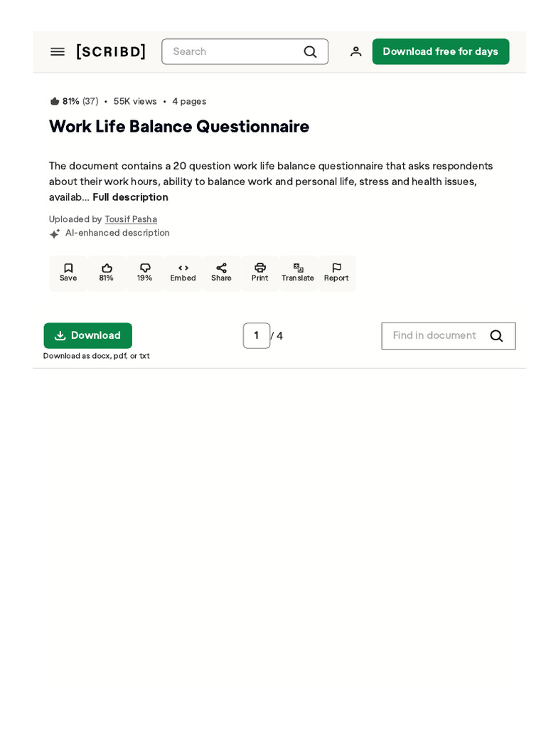 Document76392096work Life Balance Questionnaire | PDF