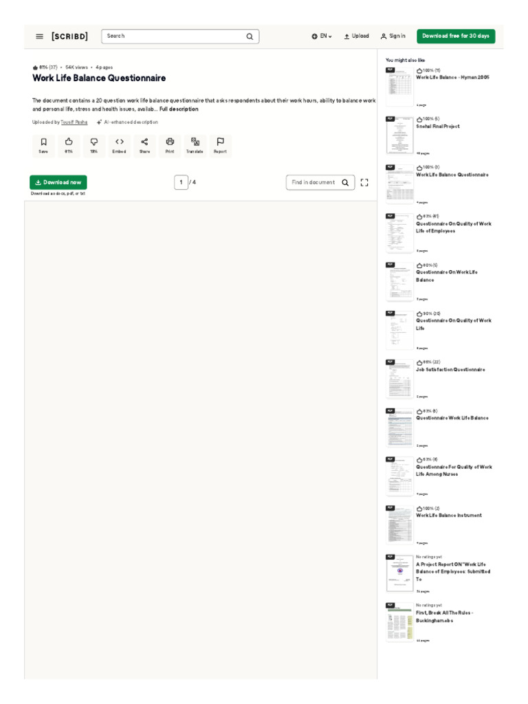 WWW Scribd Com Document 76392096 Work Life Balance Questionnaire | PDF ...