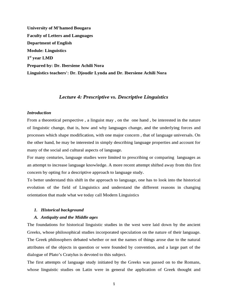 Lecture 4 Prescriptive vs. Descriptive Linguistics | PDF | Linguistics | Grammar
