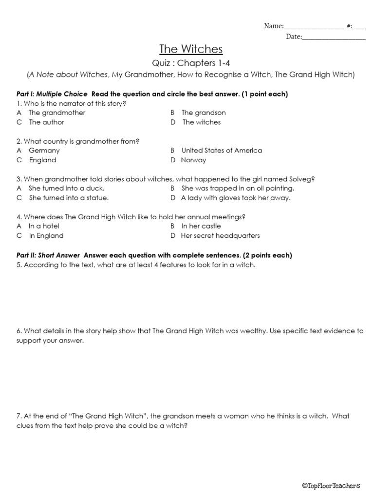 The Witches: Quiz: Chapters 1-4 | PDF