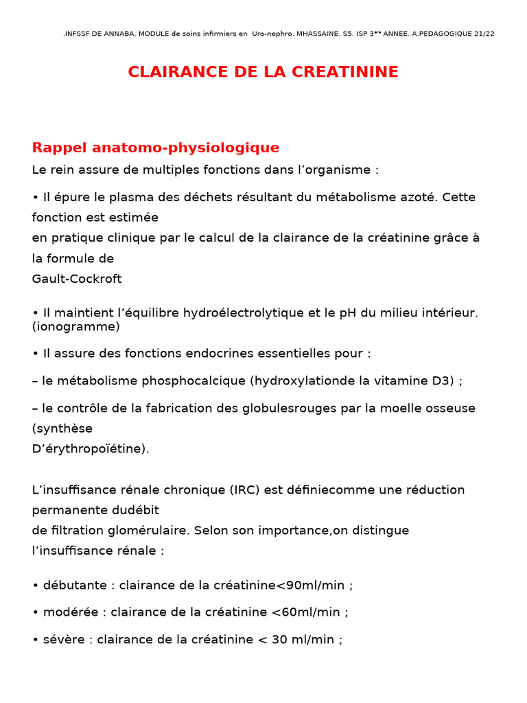Clairance de La Creatinine | PDF | Créatinine | Rein