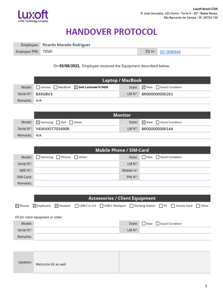 HANDOVER PROTOCOL 2023 Ricardo Macedo Rodrigues | PDF | Employment | Laptop