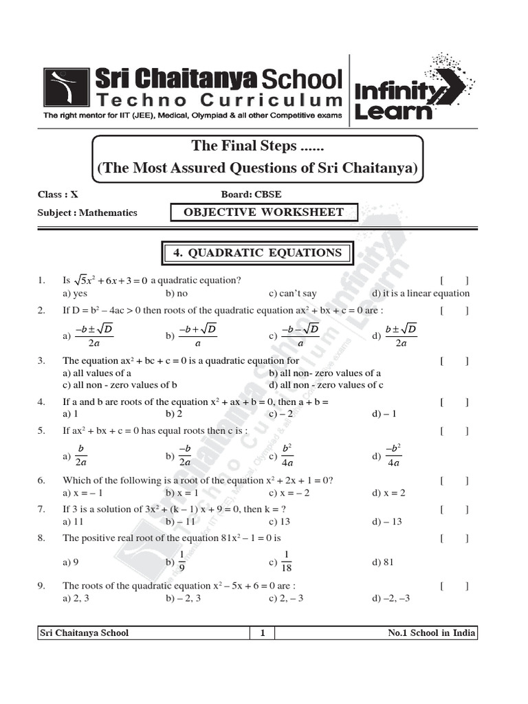 Quadratic Equations (Mcq's) Ws | PDF | Quadratic Equation | Mathematics