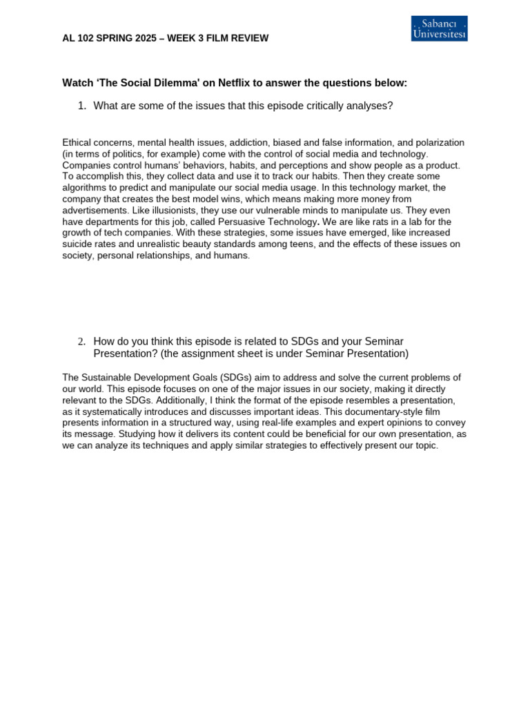 Film Review Questions - İbrahim Alp Ertaş | PDF