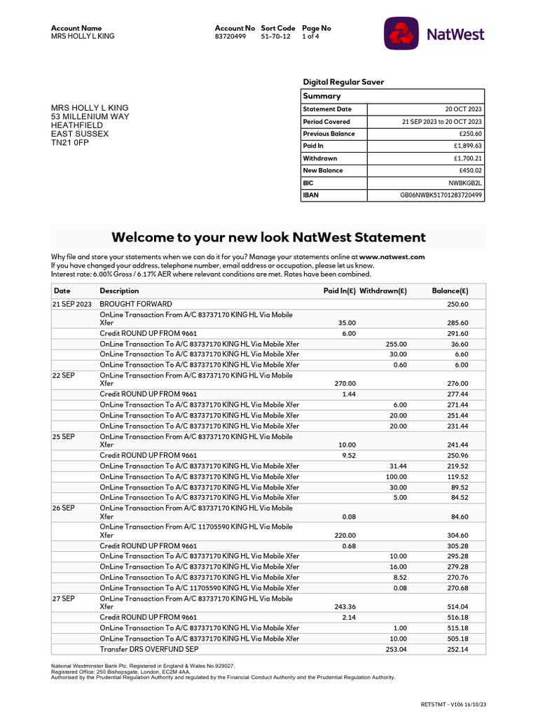 NatWest Account Statement Summary | PDF | Interest | Interest Rates