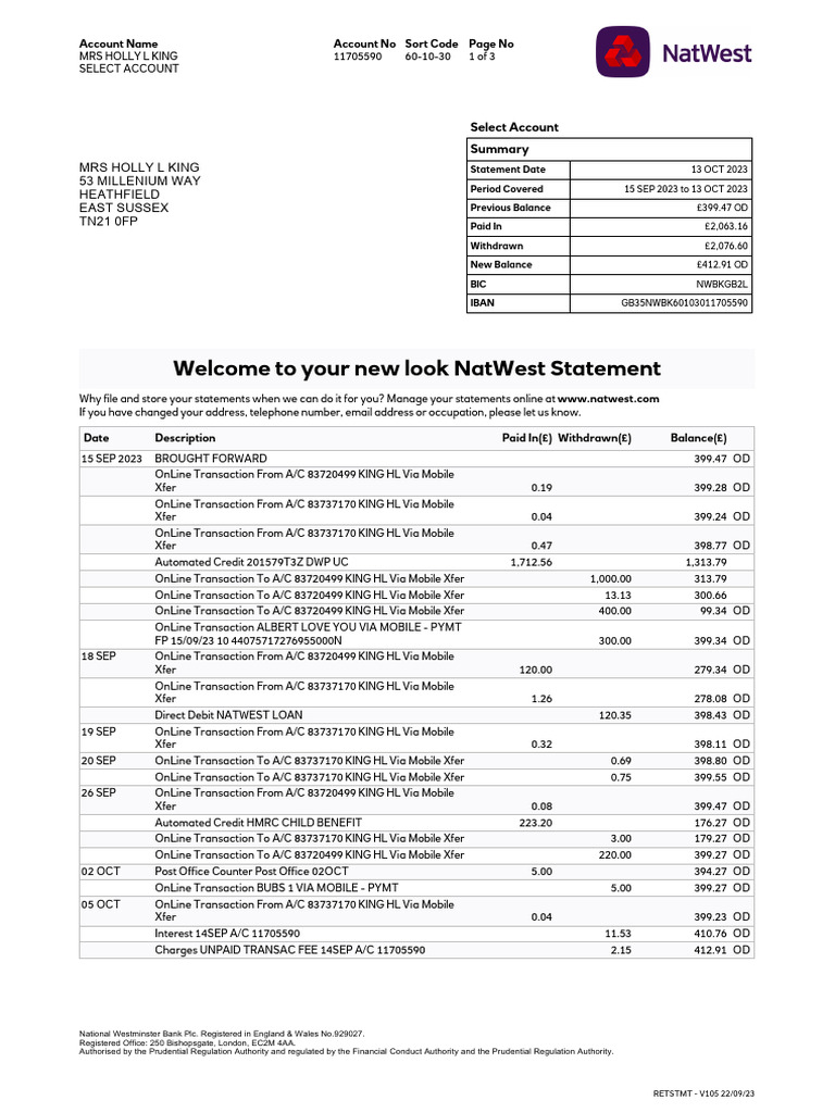Statement 601030 11705590 13 Oct 2023 | PDF | Overdraft | Personal Finance