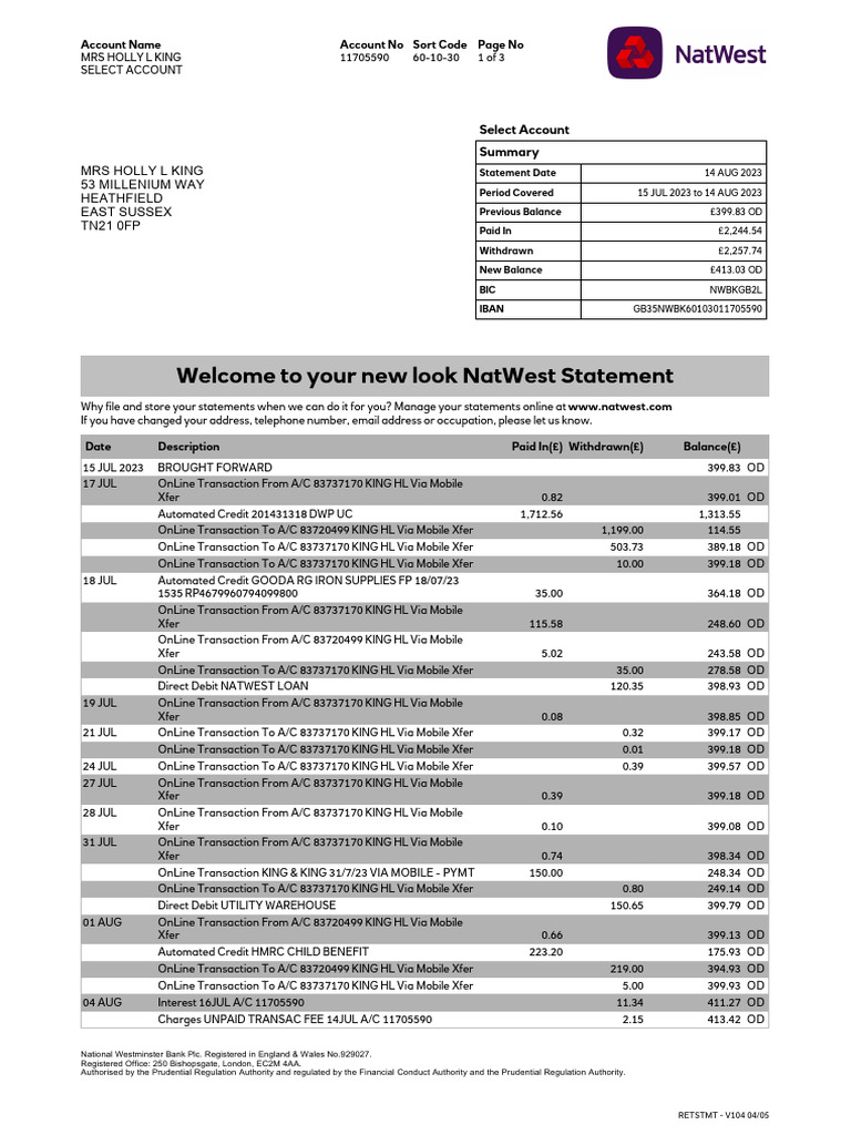 Statement 601030 11705590 14 Aug 2023 | PDF | Overdraft | Financial ...