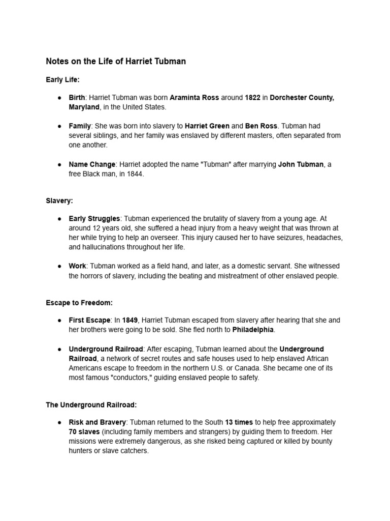 Notes On The Life of Harriet Tubman | PDF | Harriet Tubman ...