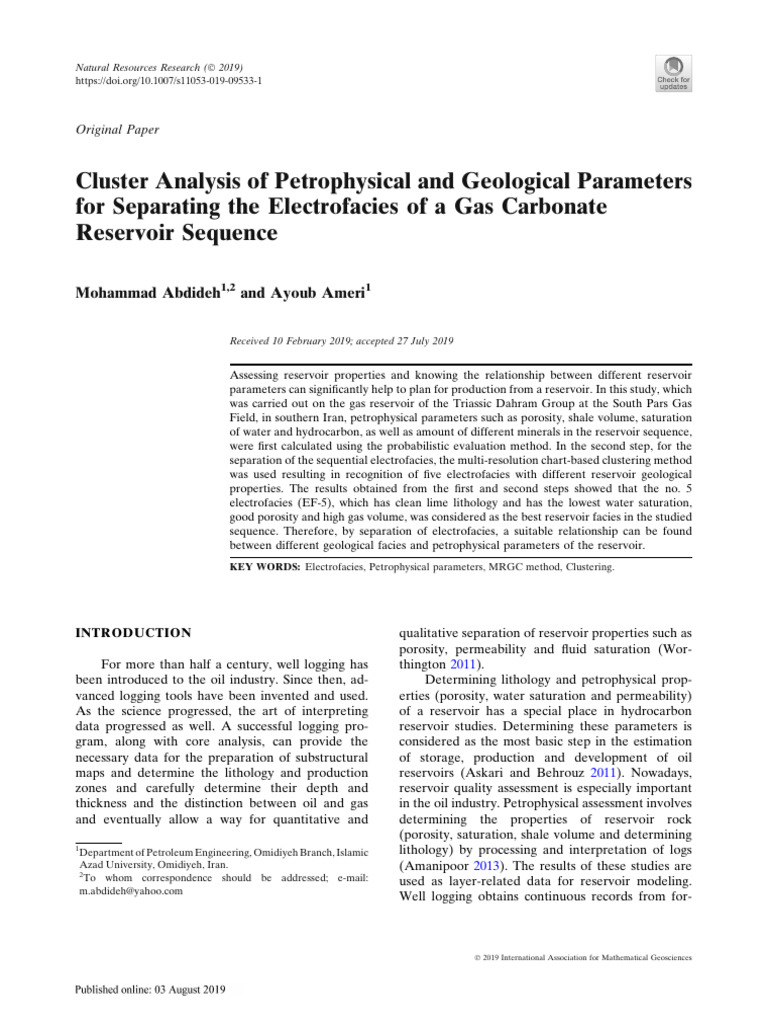 Cluster Analysis of Petrophysical and Geological Parameters | PDF | Petroleum Reservoir | Geology