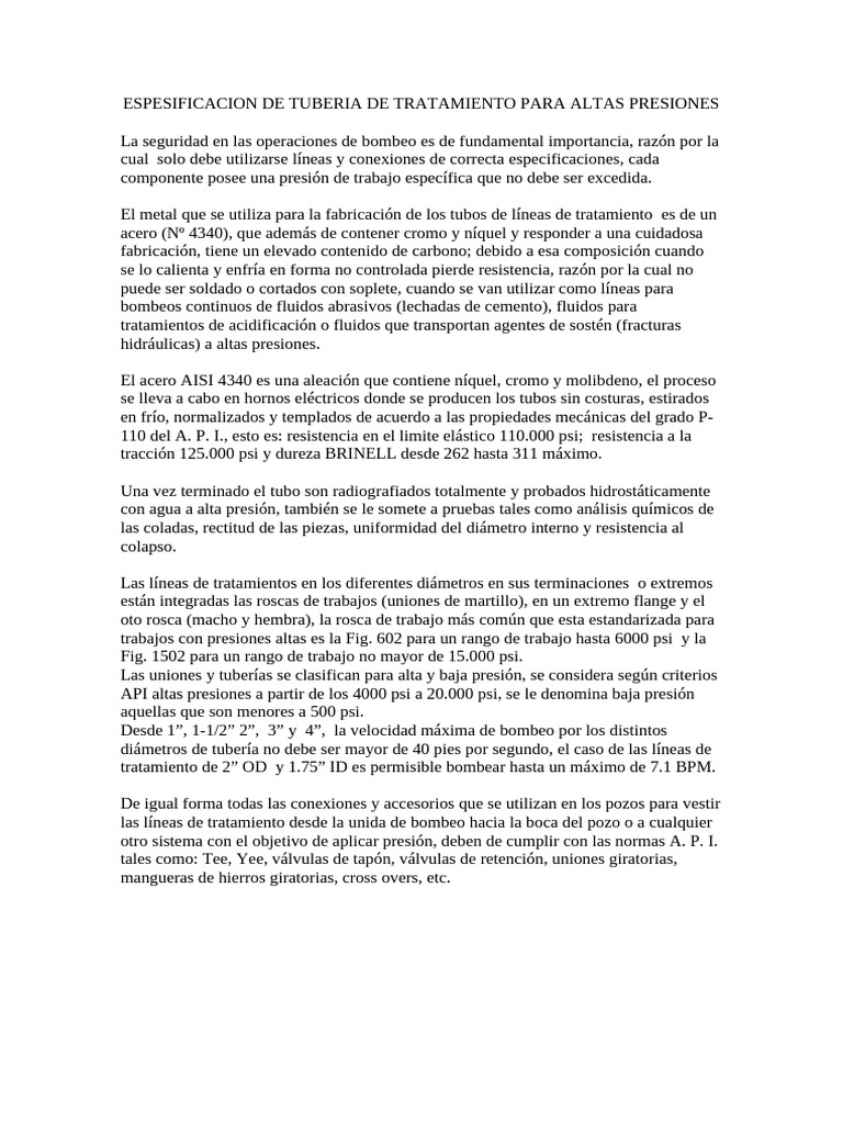 Espesificacion de Tuberia de Trataminto para Altas Presiones | PDF | Acero | Rieles