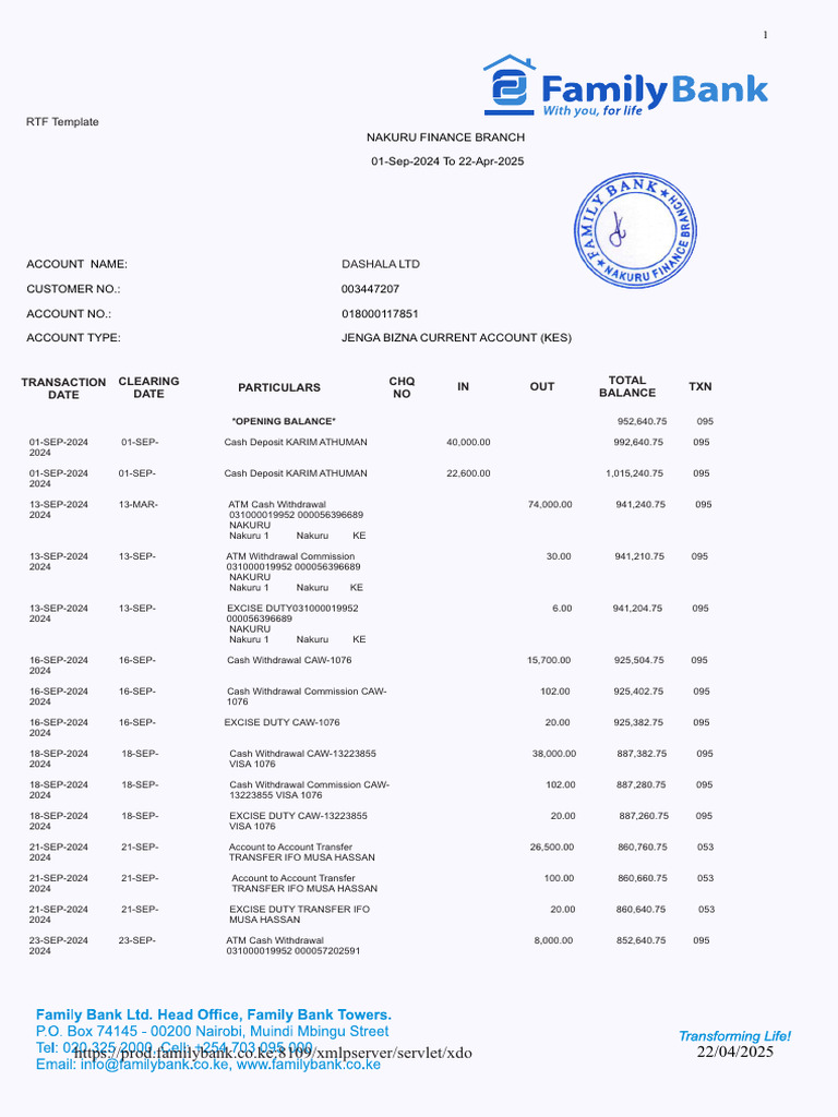 Family Bank Statement for Dashala Ltd | PDF | Automated Teller Machine ...