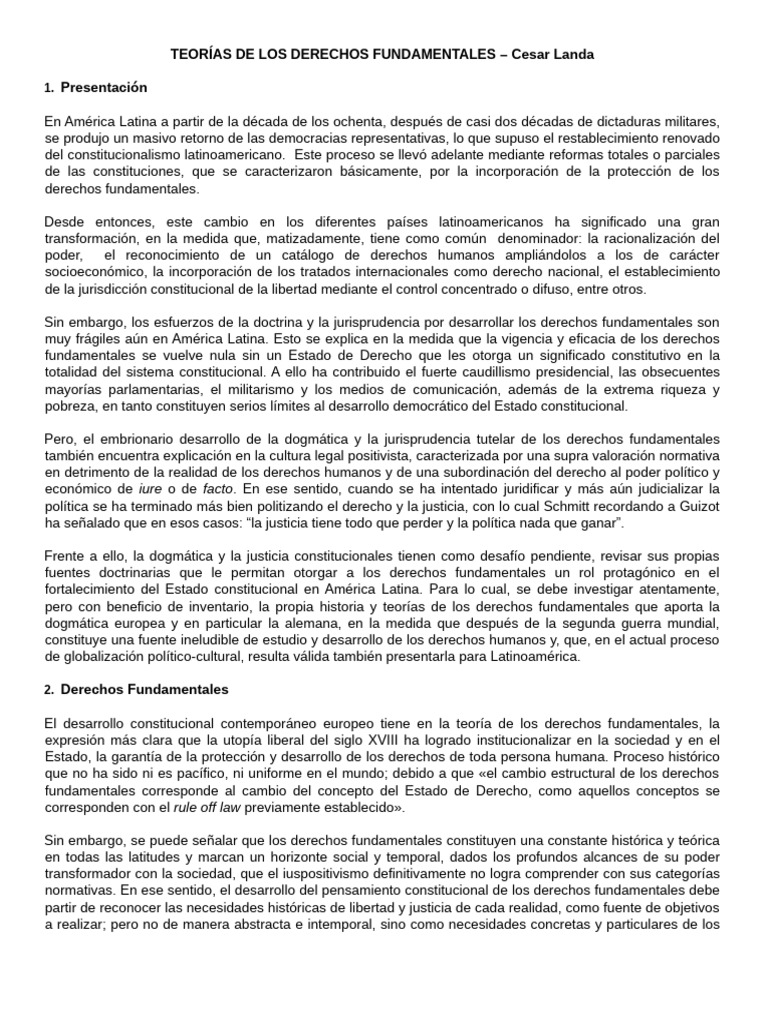 Teorías de Los Derechos Fundamentales - Cesar Landa | PDF | Derechos | Derechos humanos