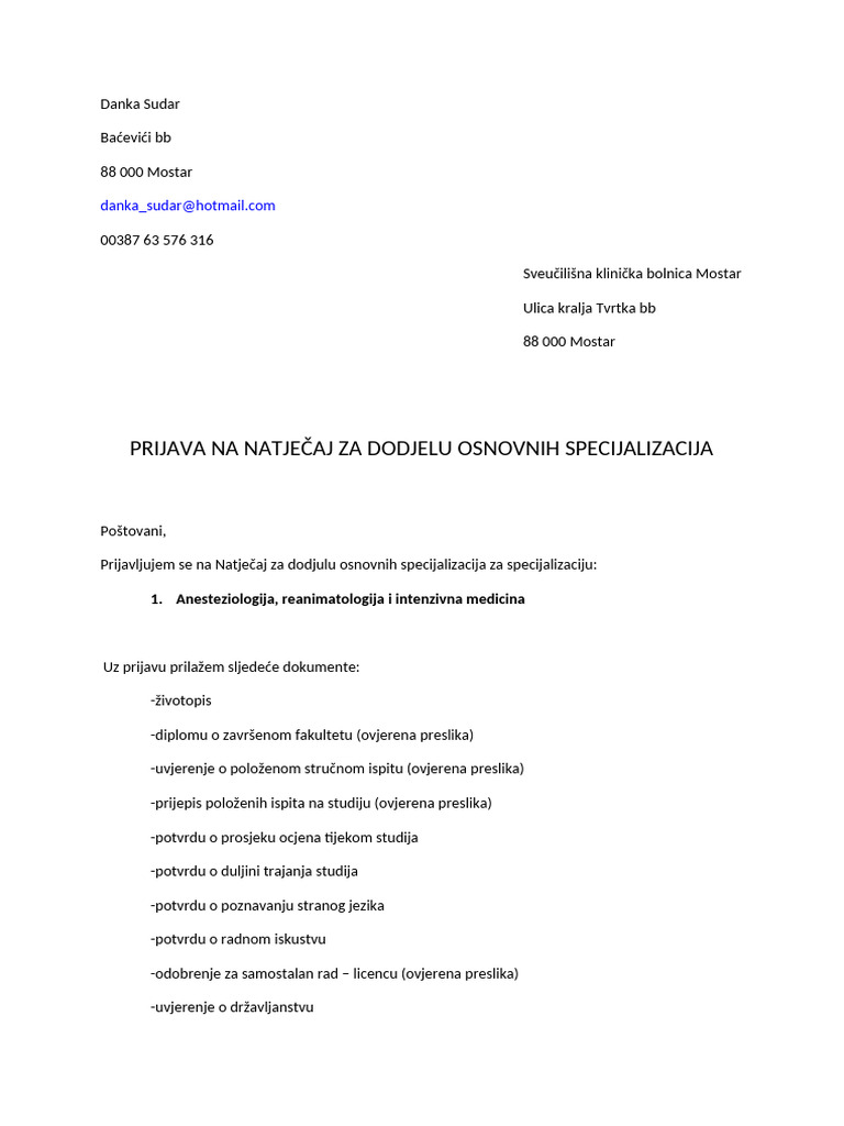 Prijava Na Natječaj Za Dodjelu Osnovnih Specijalizacija: 1 ...