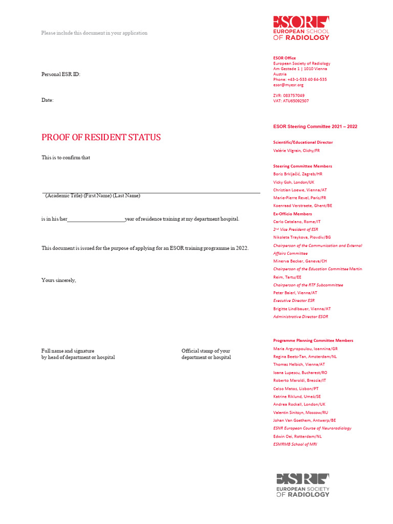 ESOR Resident Status Confirmation | PDF | Radiology