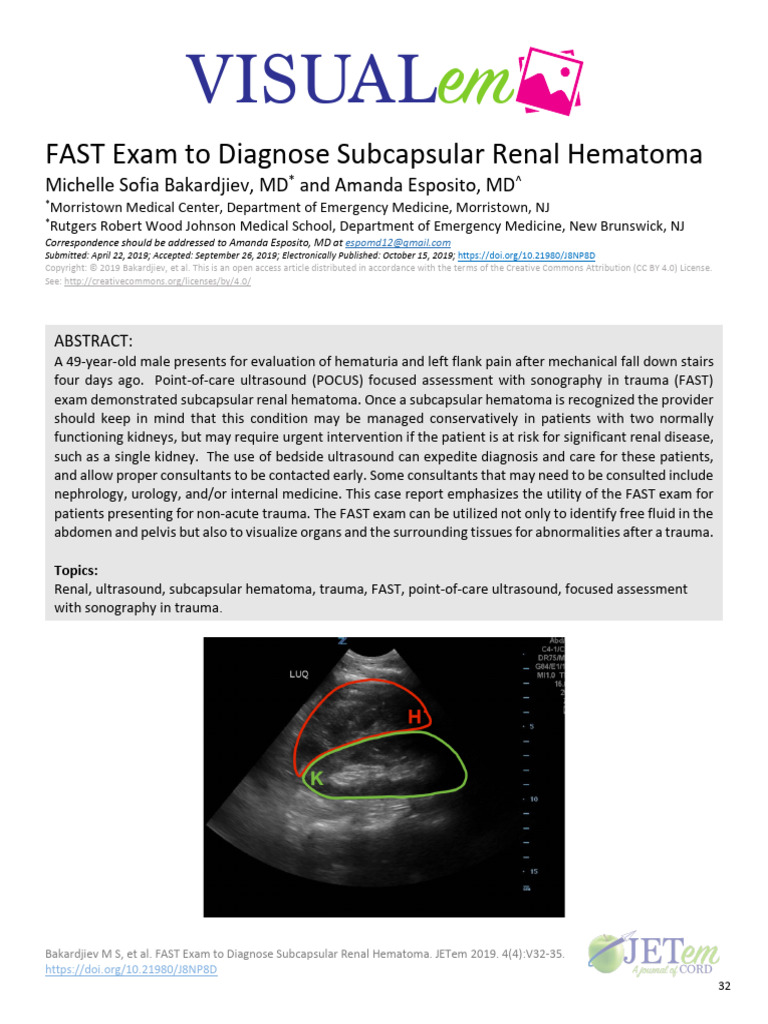 Bakardjiev M S, Et Al. FAST Exam To Diagnose Subcapsular Renal Hematoma ...