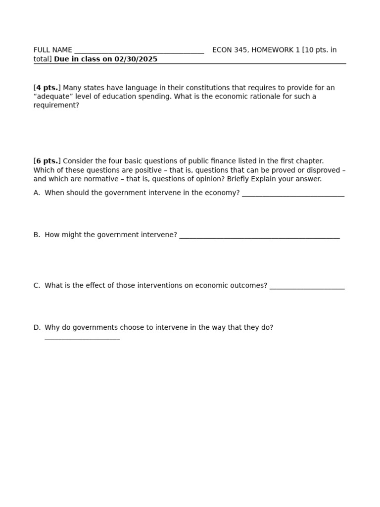 ECON 345 Homework 1: Public Finance Questions | PDF