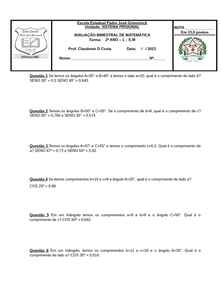 Prova 1 - 2 Bimestral Matemática 2 Matutino | PDF