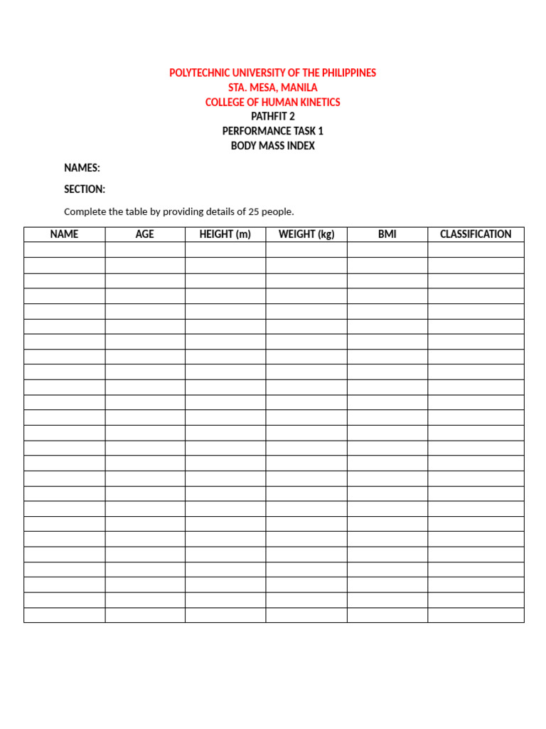 BMI Data Collection for 25 Individuals | PDF