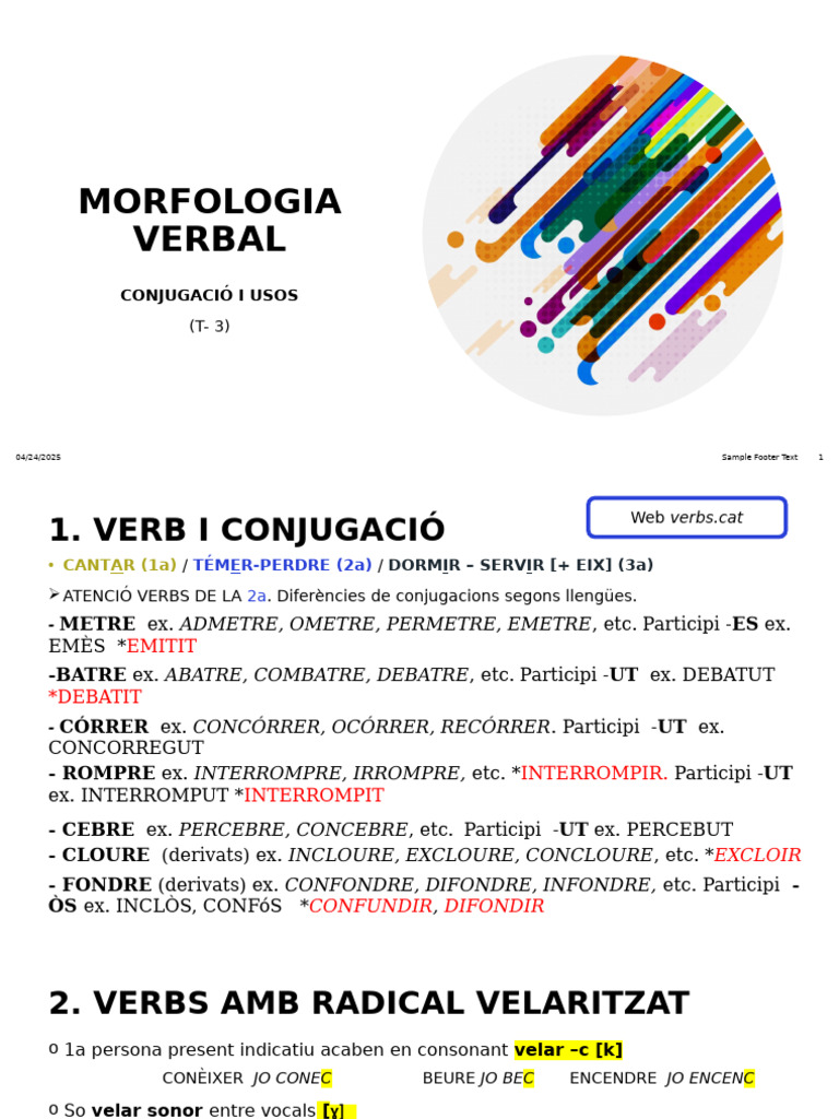 MORFOLOGIA VERBAL. Conjugacio I Usos | PDF
