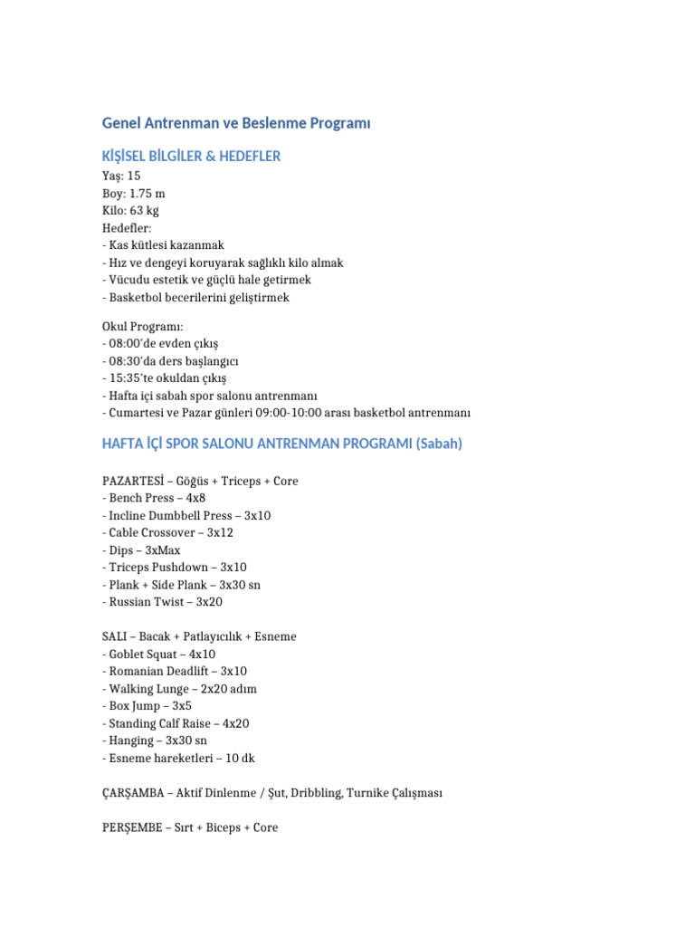 Genel Antrenman Ve Beslenme Programi | PDF