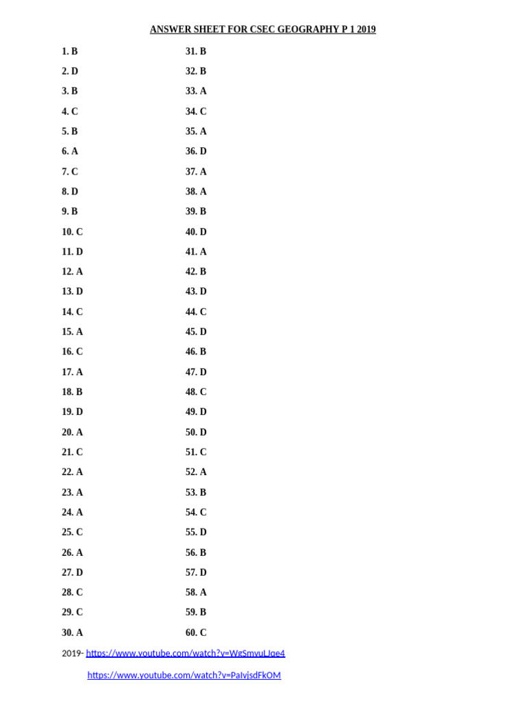 Answer Sheet For Csec Geography P 1 2019 | PDF